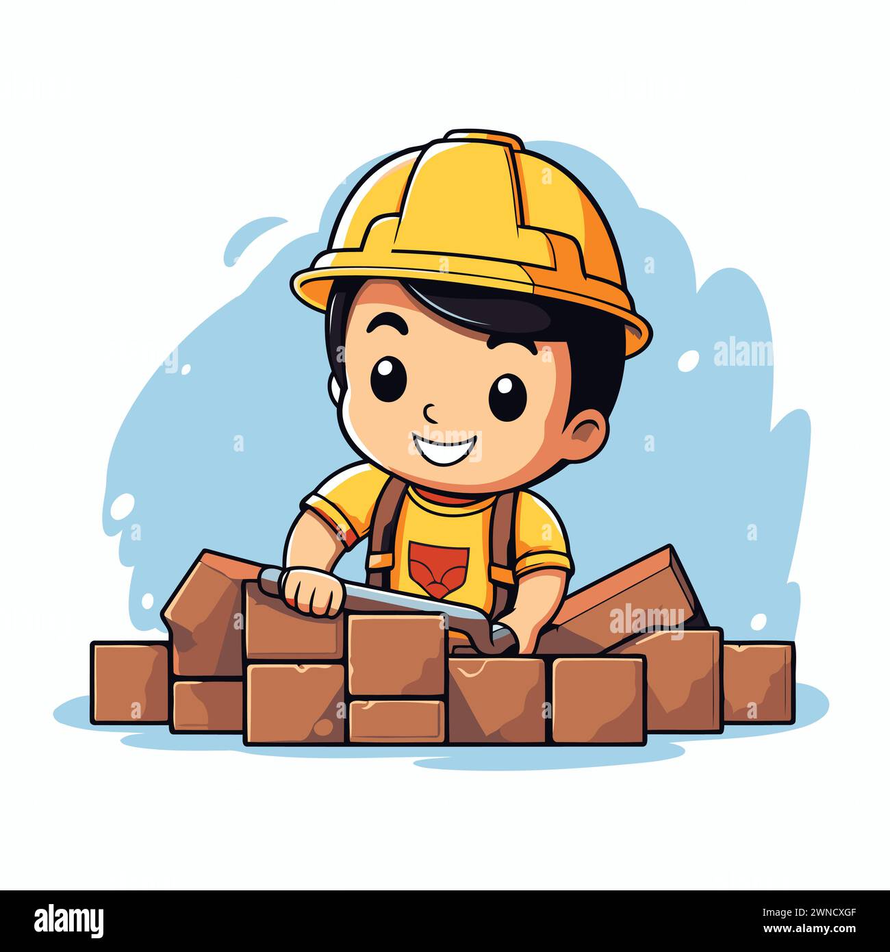 cute builder with brick wall over white background. colorful design ...