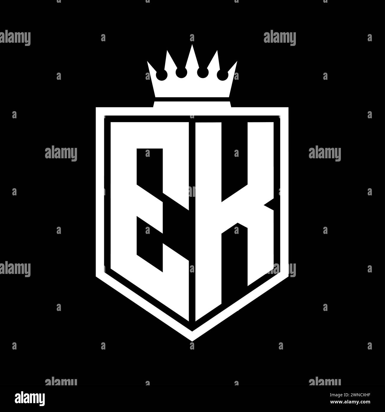 EK Letter Logo monogram bold shield geometric shape with crown outline ...