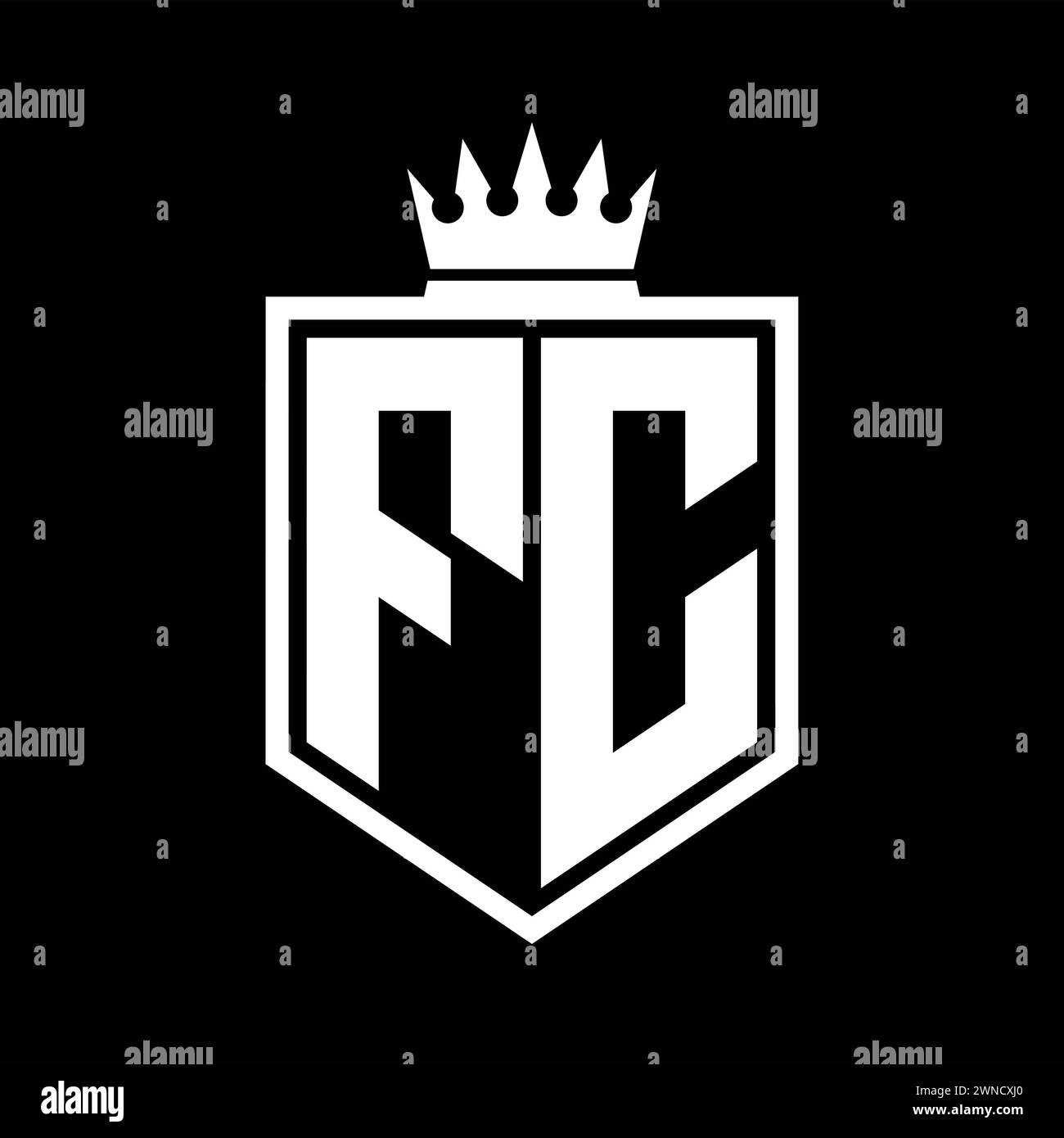 FC Letter Logo monogram bold shield geometric shape with crown outline black and white style ...