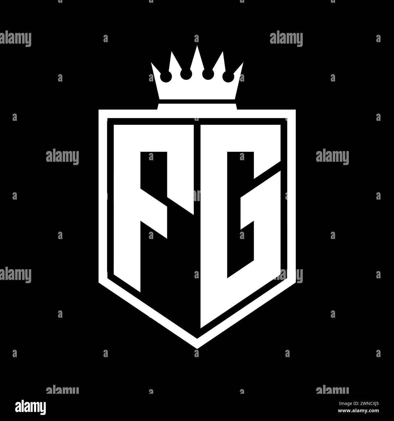 FG Letter Logo monogram bold shield geometric shape with crown outline ...