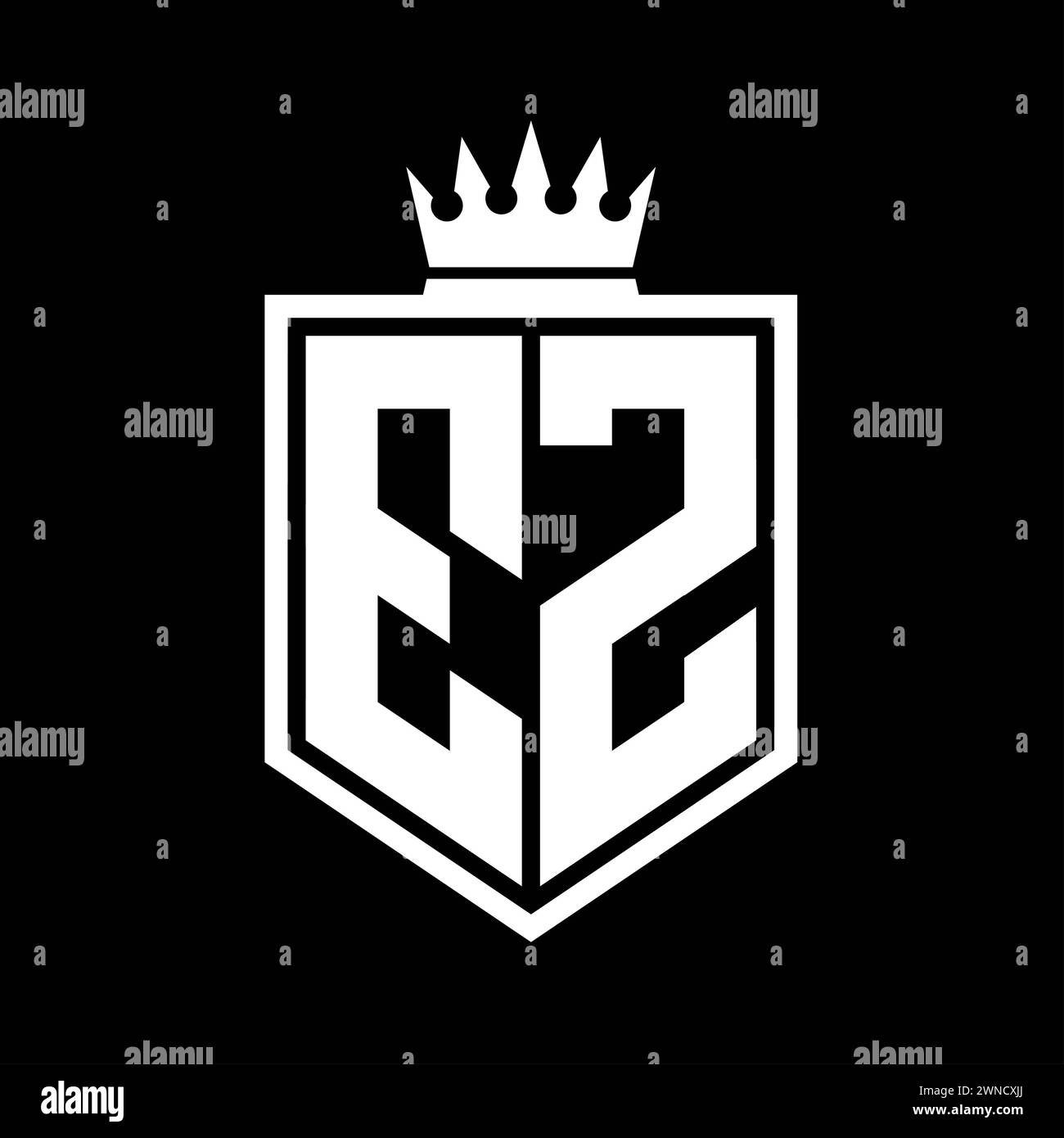 EZ Letter Logo monogram bold shield geometric shape with crown outline black and white style ...