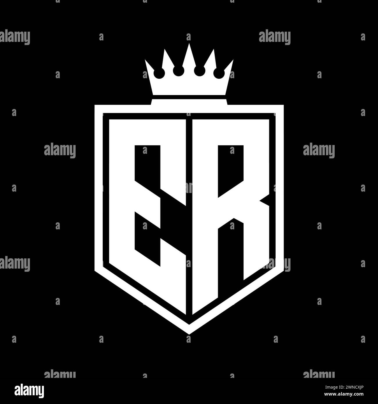 ER Letter Logo monogram bold shield geometric shape with crown outline ...