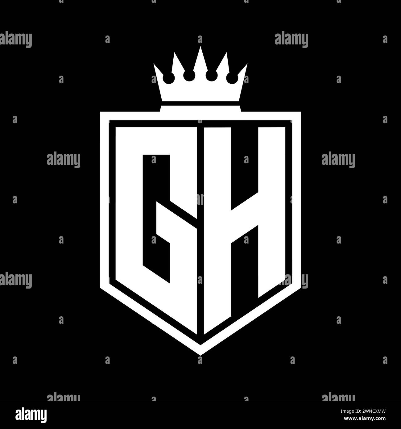 GH Letter Logo monogram bold shield geometric shape with crown outline ...