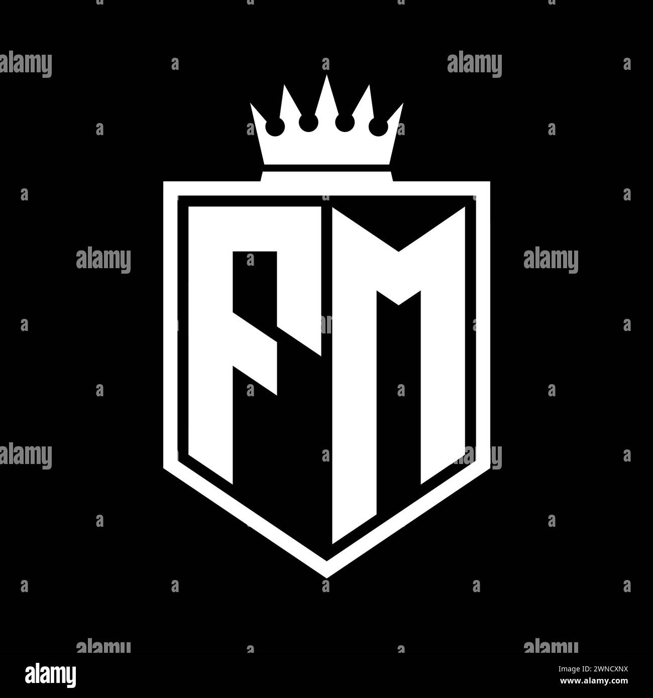FM Letter Logo monogram bold shield geometric shape with crown outline ...