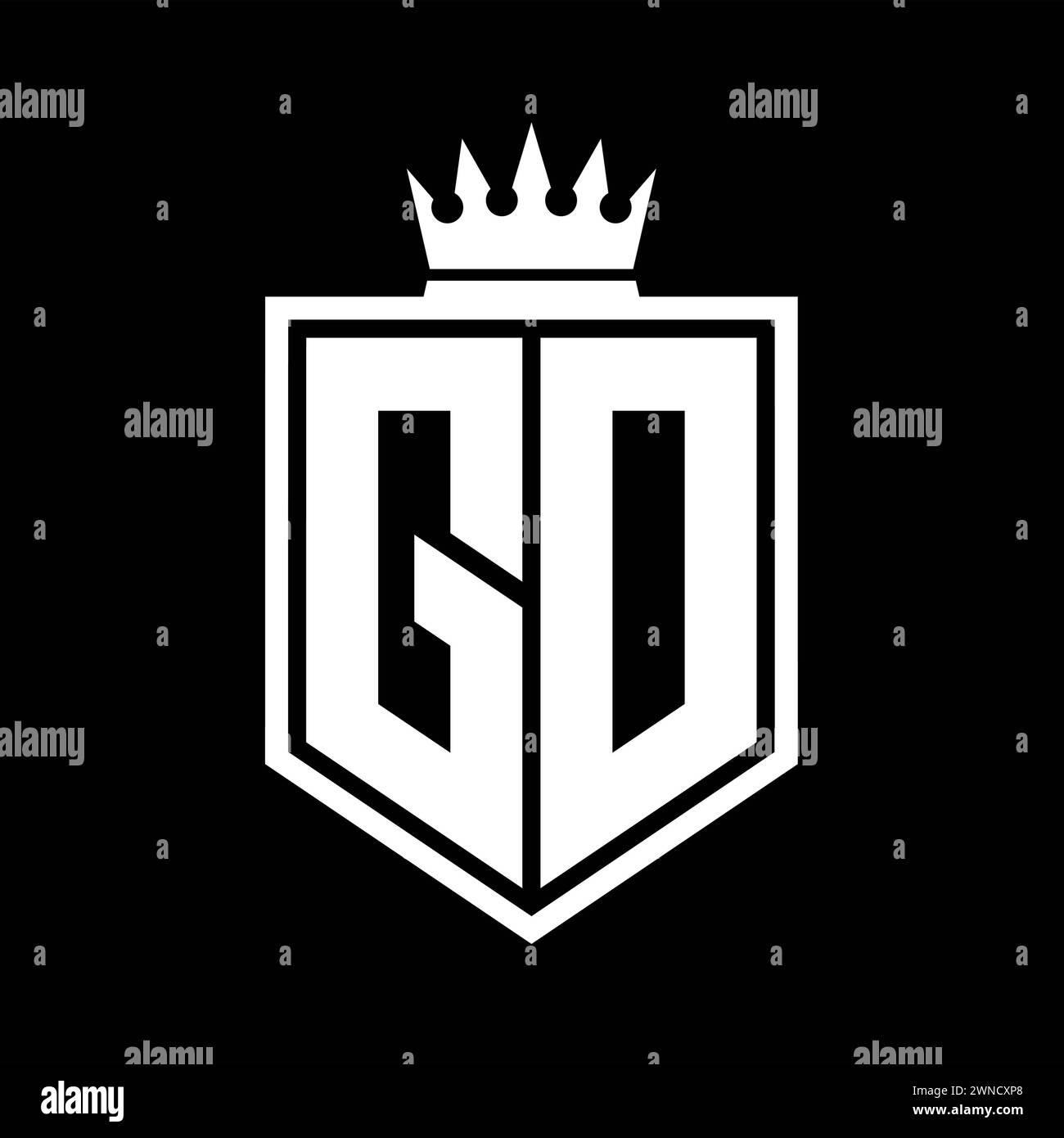GD Letter Logo monogram bold shield geometric shape with crown outline black and white style ...