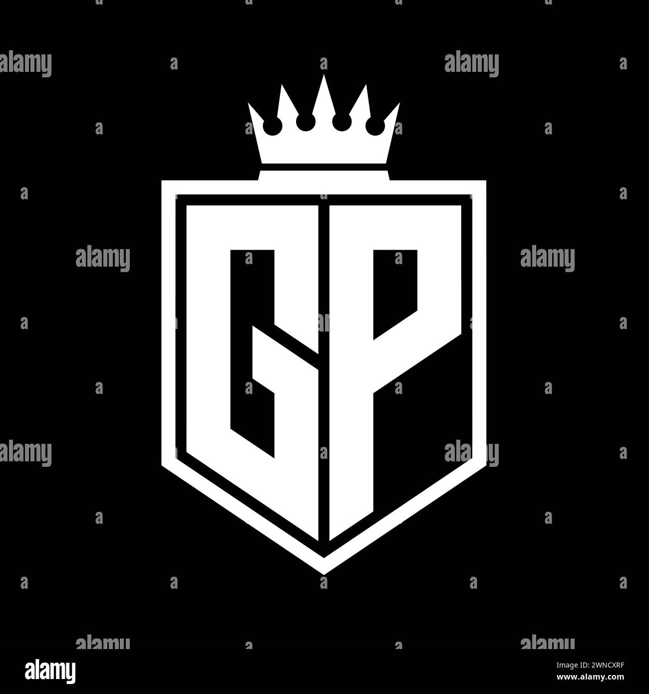 GP Letter Logo monogram bold shield geometric shape with crown outline ...