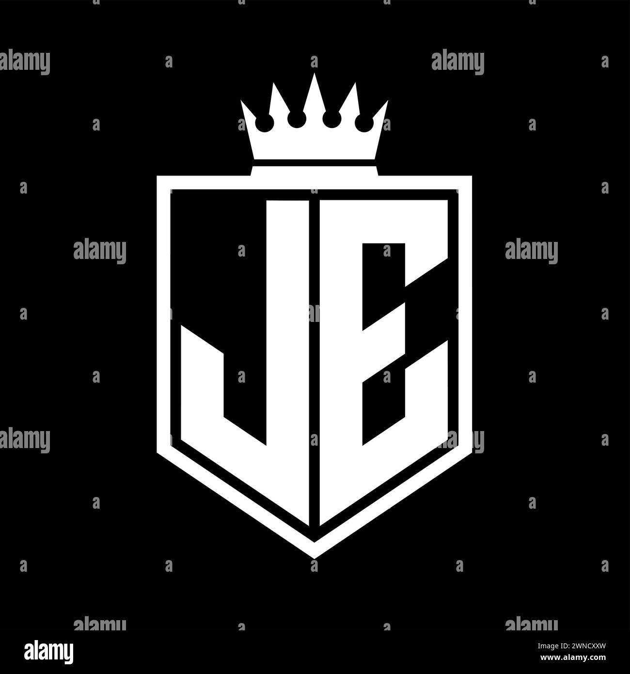JE Letter Logo monogram bold shield geometric shape with crown outline ...