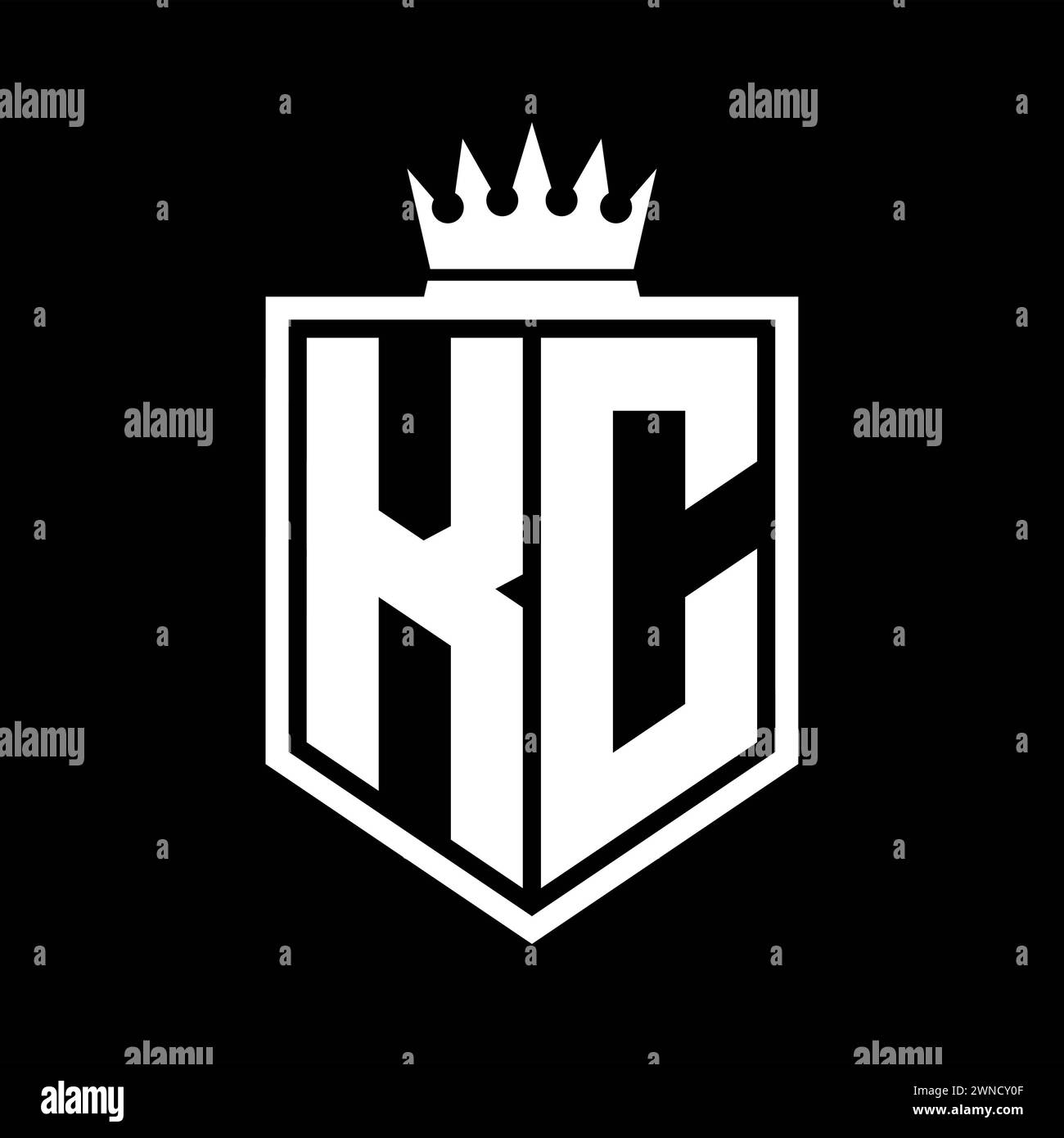 KC Letter Logo monogram bold shield geometric shape with crown outline ...