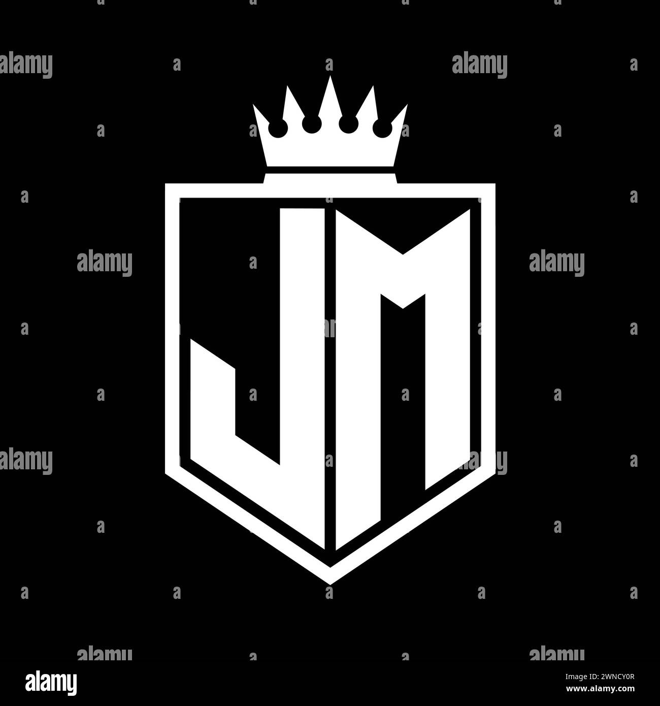 JM Letter Logo monogram bold shield geometric shape with crown outline black and white style ...
