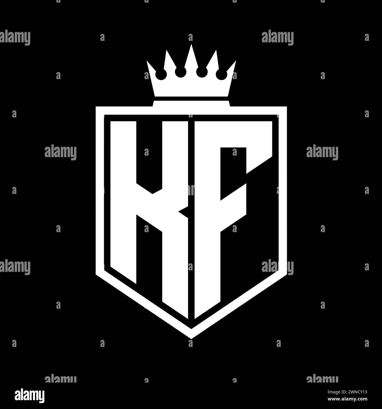 KF Letter Logo monogram bold shield geometric shape with crown outline black and white style ...