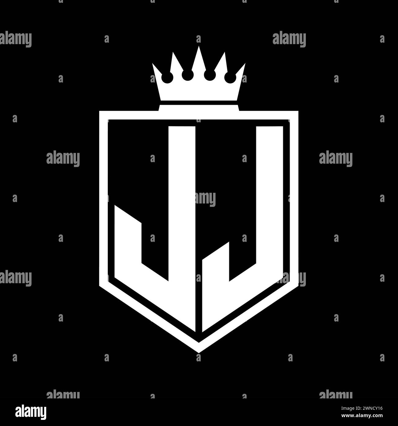 JJ Letter Logo monogram bold shield geometric shape with crown outline ...