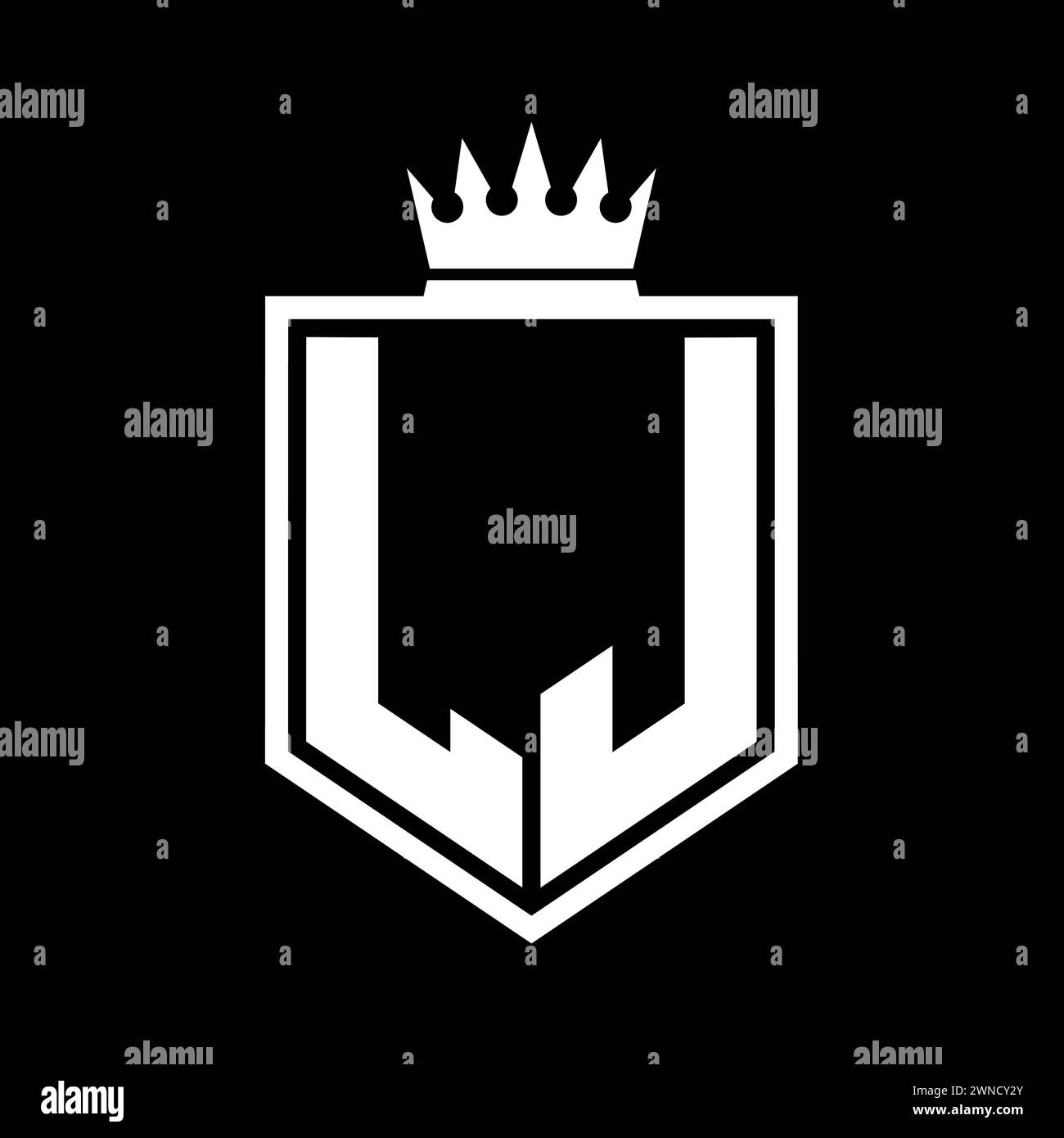 LJ Letter Logo monogram bold shield geometric shape with crown outline black and white style ...