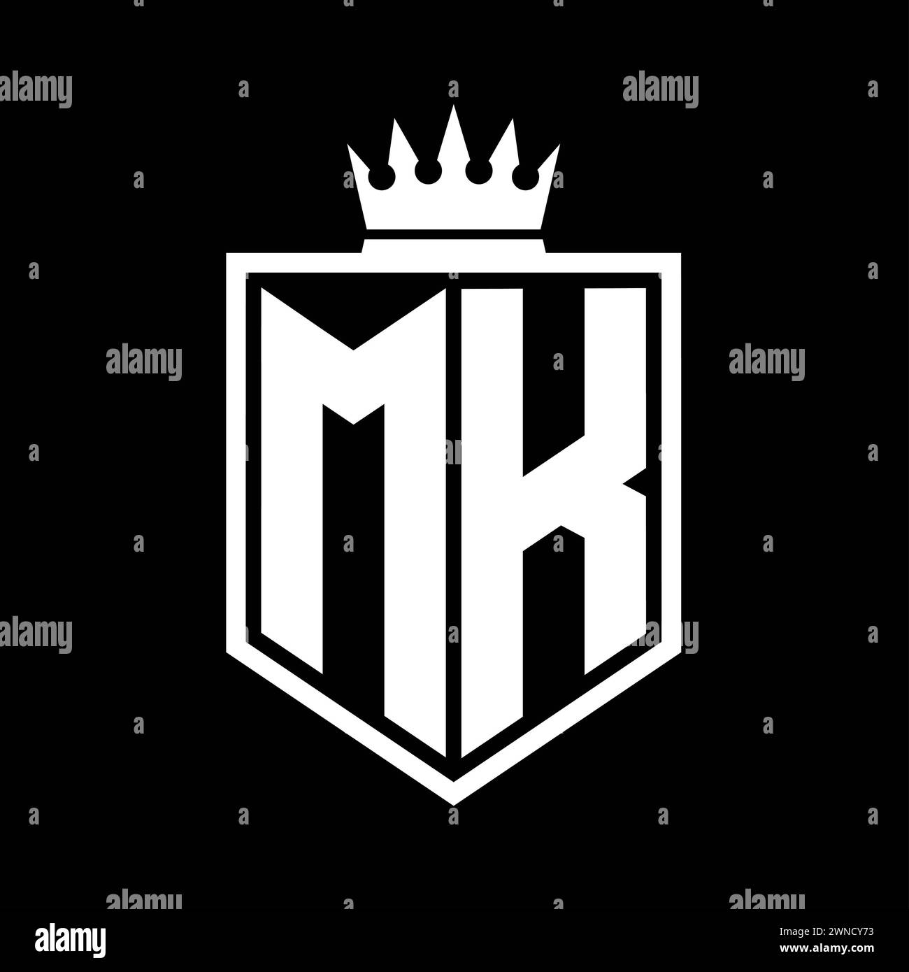 MK Letter Logo monogram bold shield geometric shape with crown outline ...