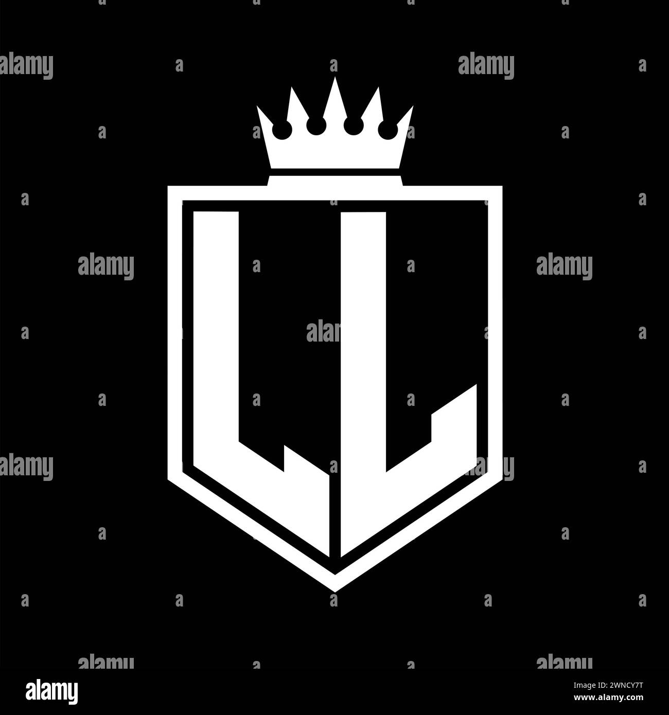LL Letter Logo monogram bold shield geometric shape with crown outline black and white style ...