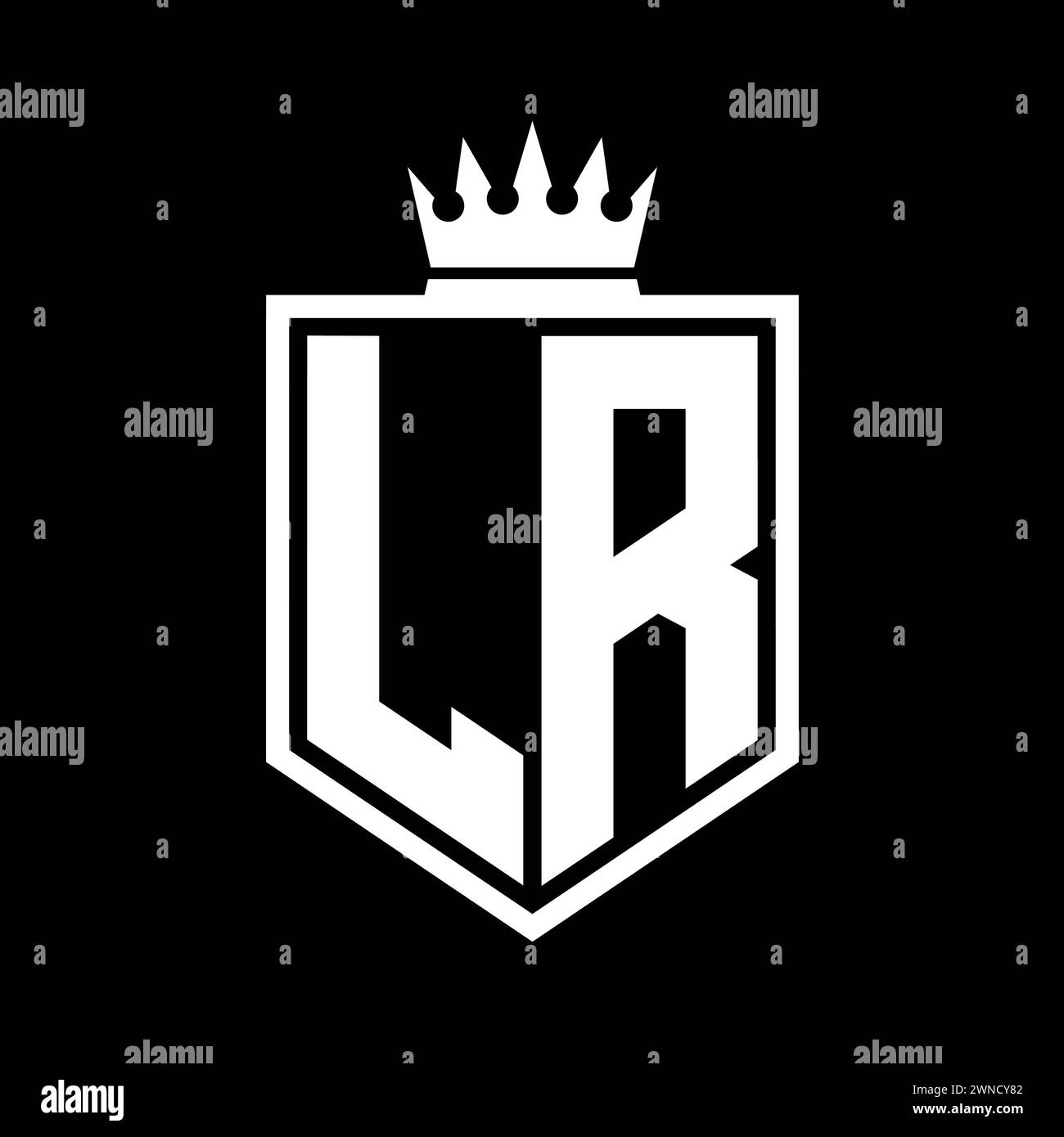 LR Letter Logo monogram bold shield geometric shape with crown outline ...