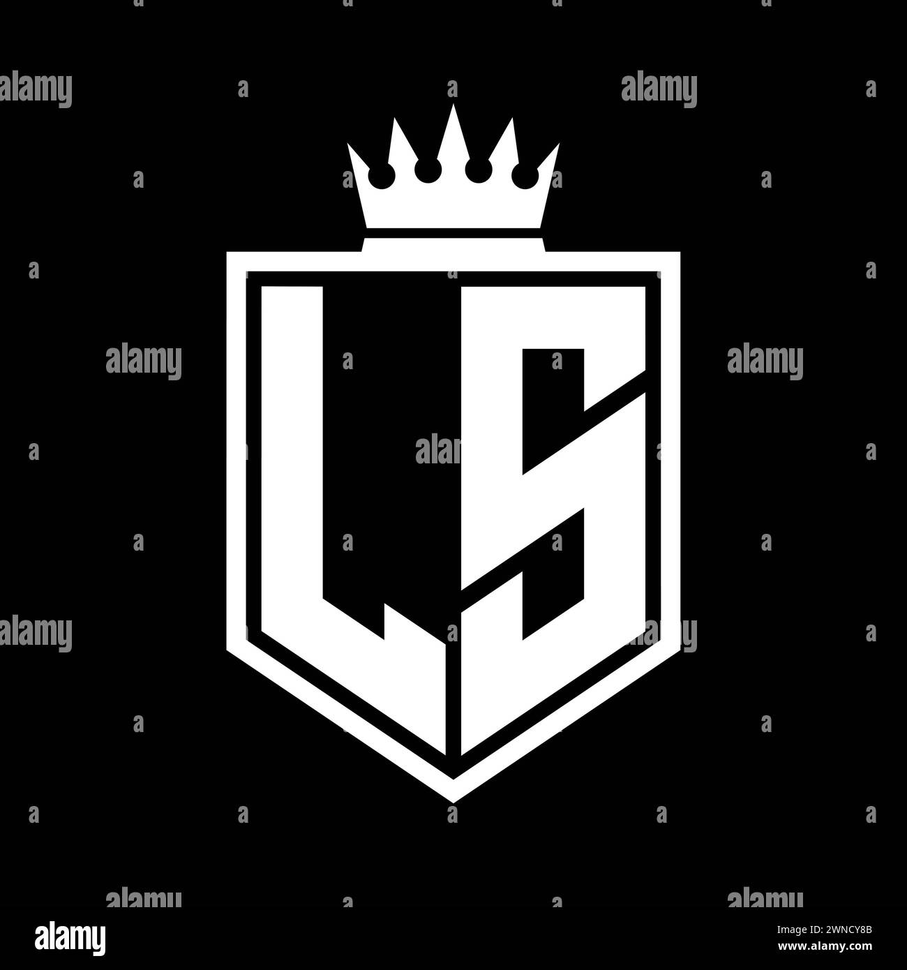 LS Letter Logo monogram bold shield geometric shape with crown outline black and white style ...