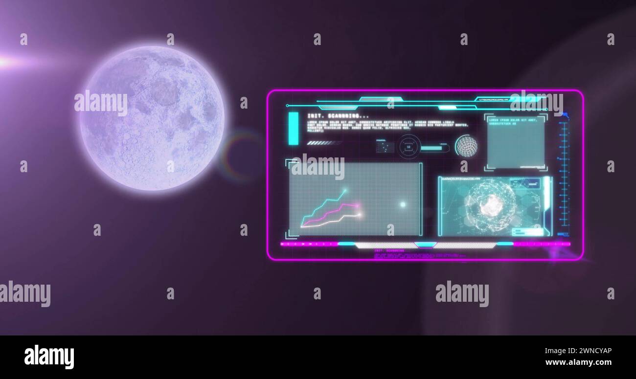 Image of full moon and screen with data processing on black background Stock Photo - Alamy