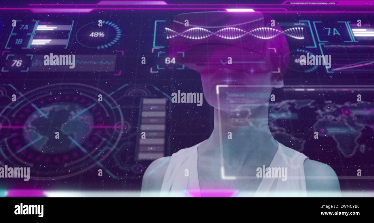 Image of screens with data processing and caucasian woman using vr ...