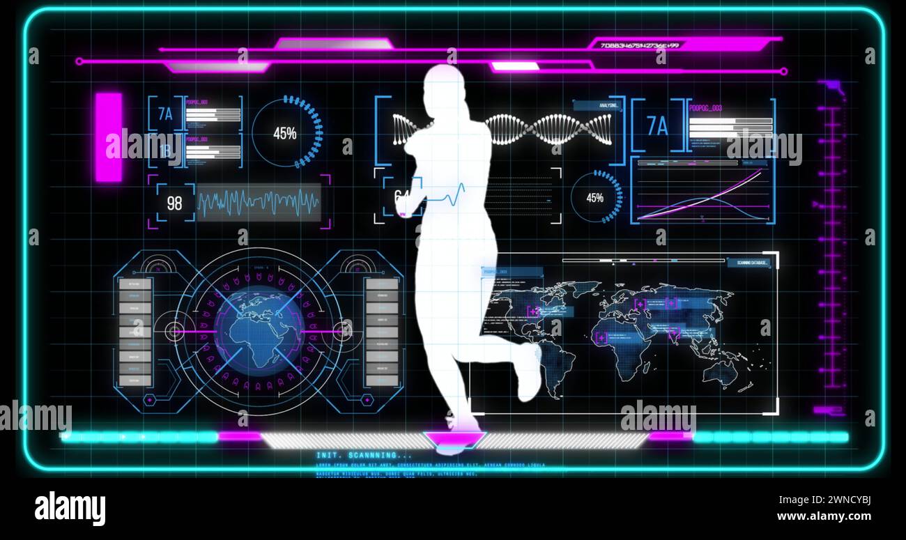 Image of screens with data processing woman running on dark background ...