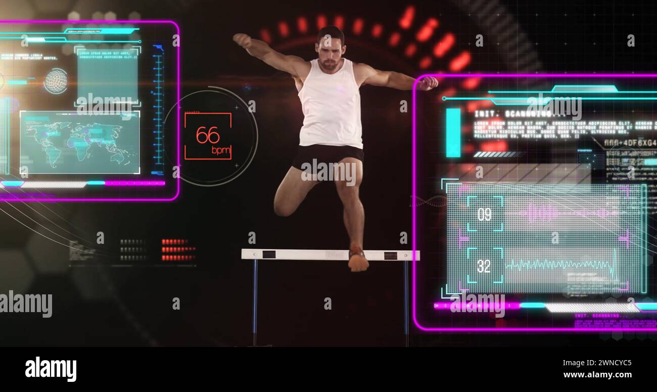 Image of screens with data processing over african american man running ...