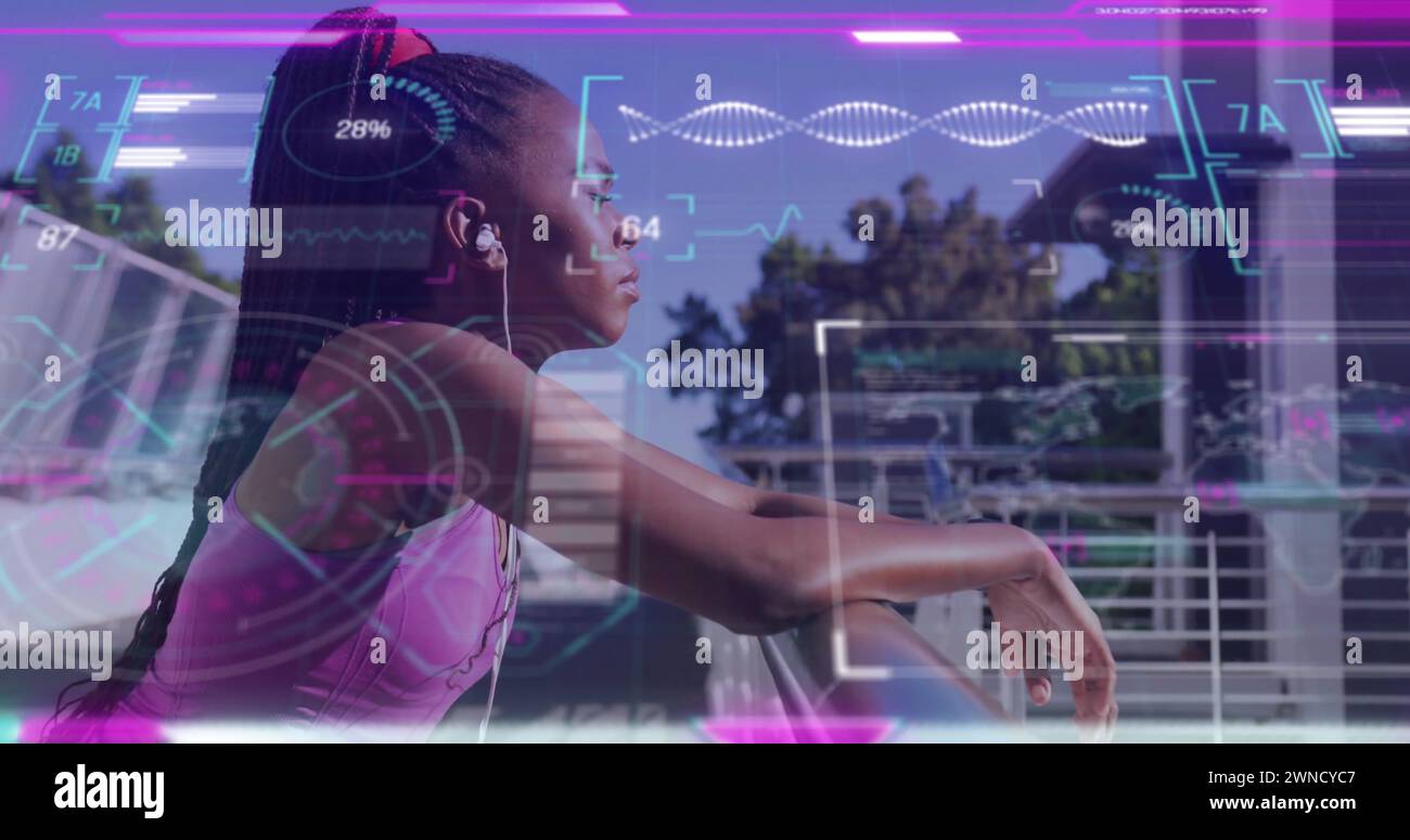 Image of screens with data processing over african american woman ...