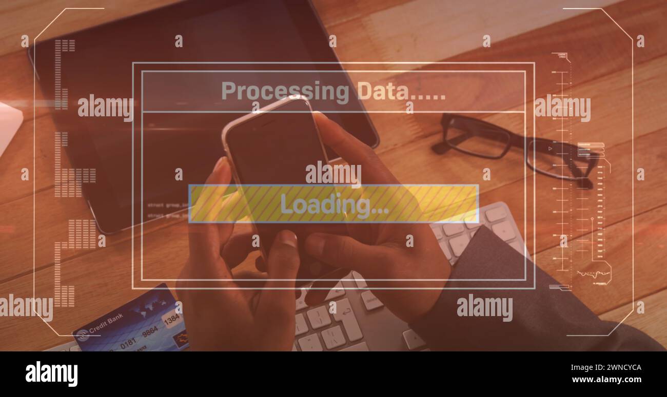 Image of data processing on screen over man using smartphone Stock ...