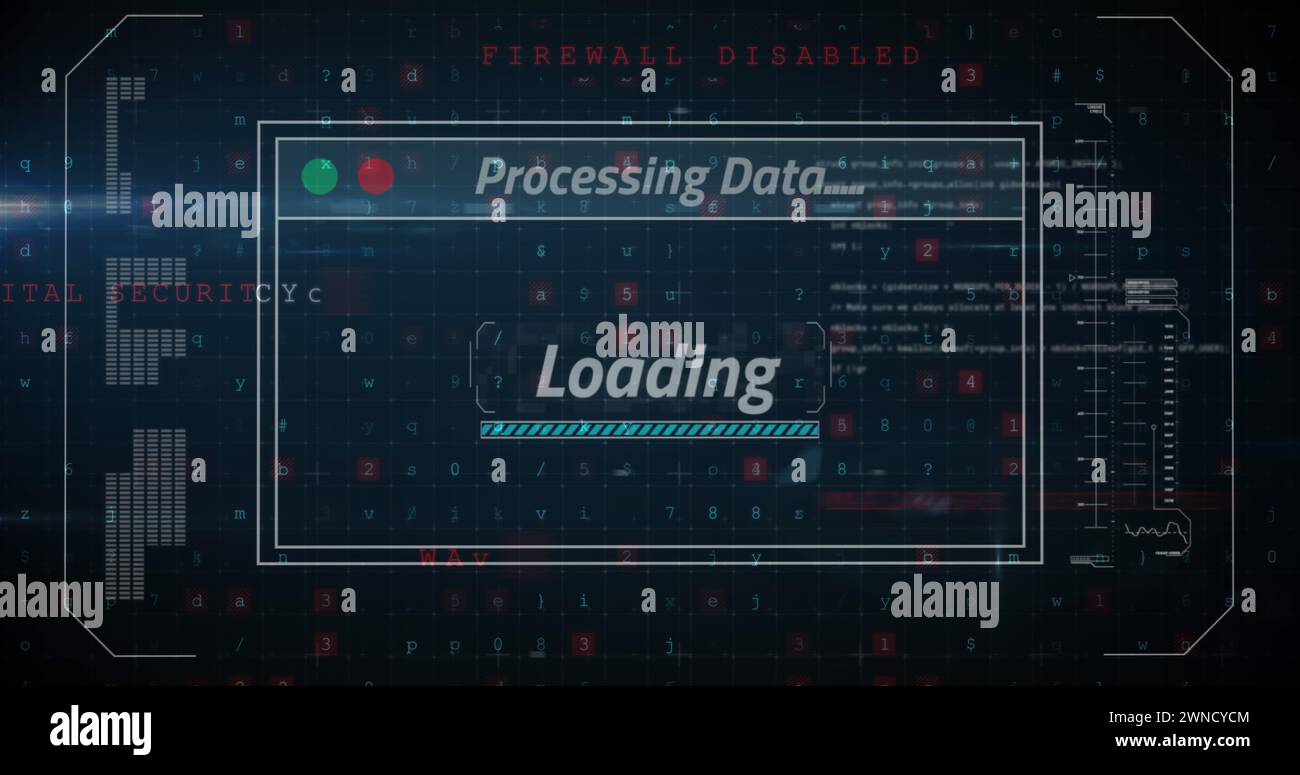 Image of data processing on screen over cyber attack warning Stock Photo - Alamy