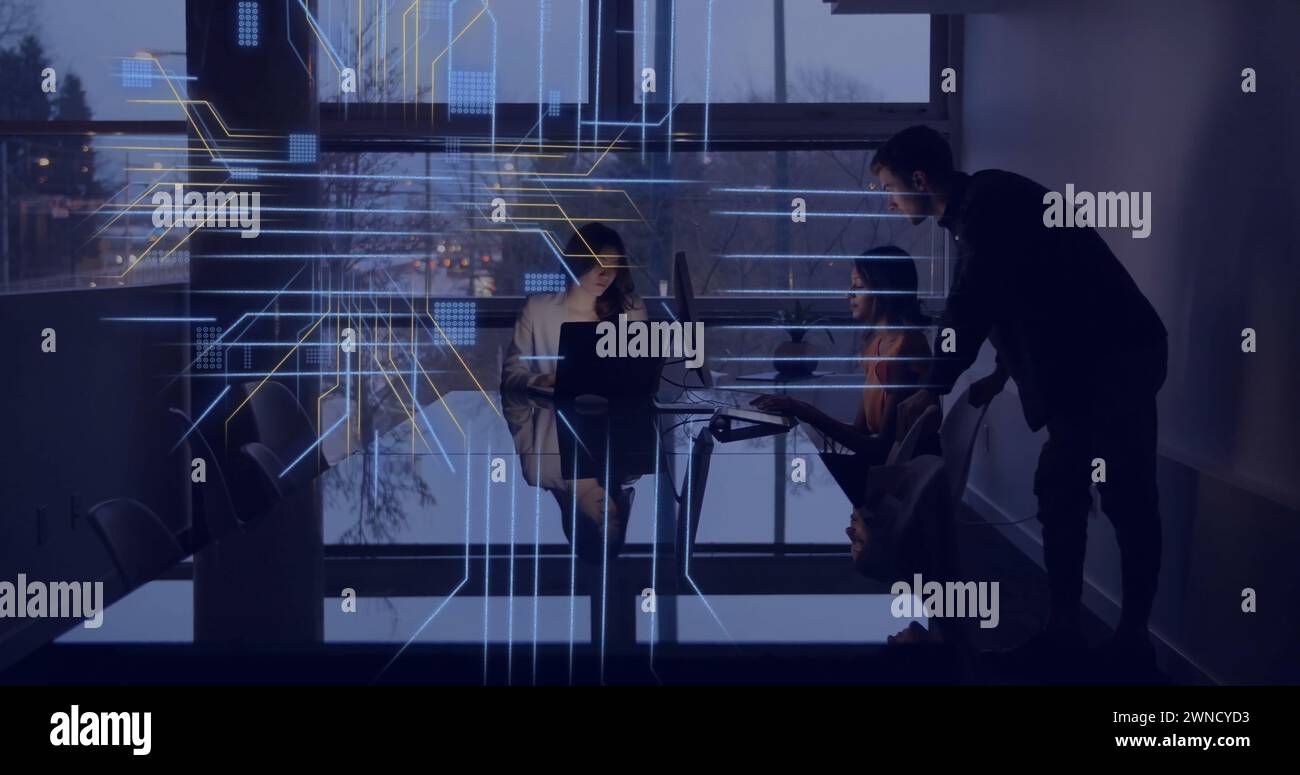 Image of circuit board with data processing over diverse people in ...