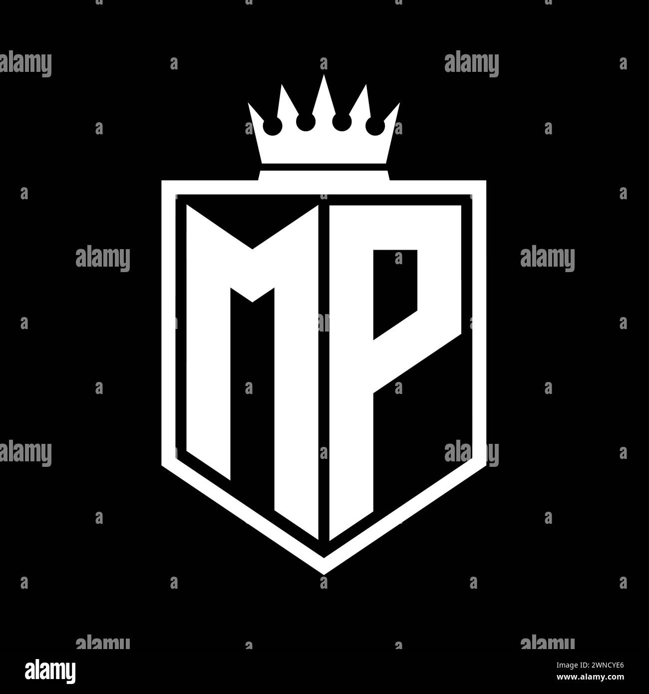 MP Letter Logo monogram bold shield geometric shape with crown outline ...