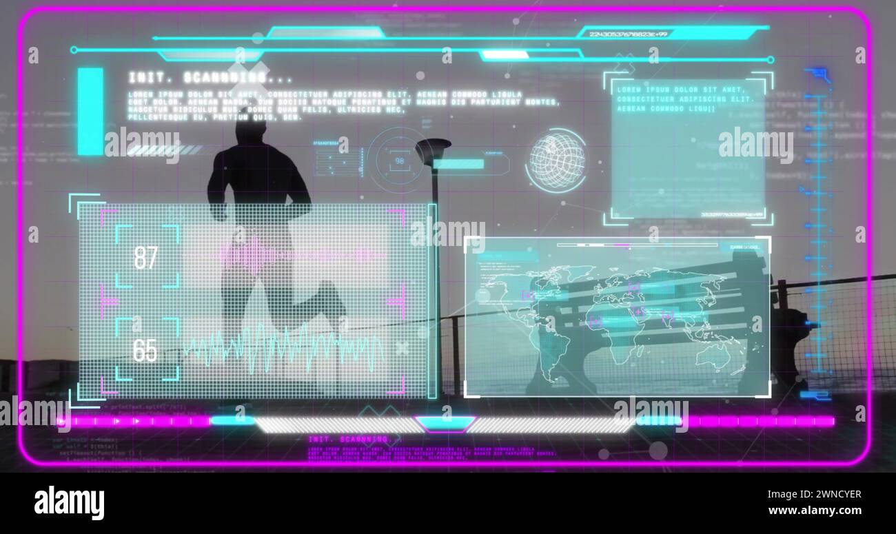 Image of screens with data processing over african american man running ...