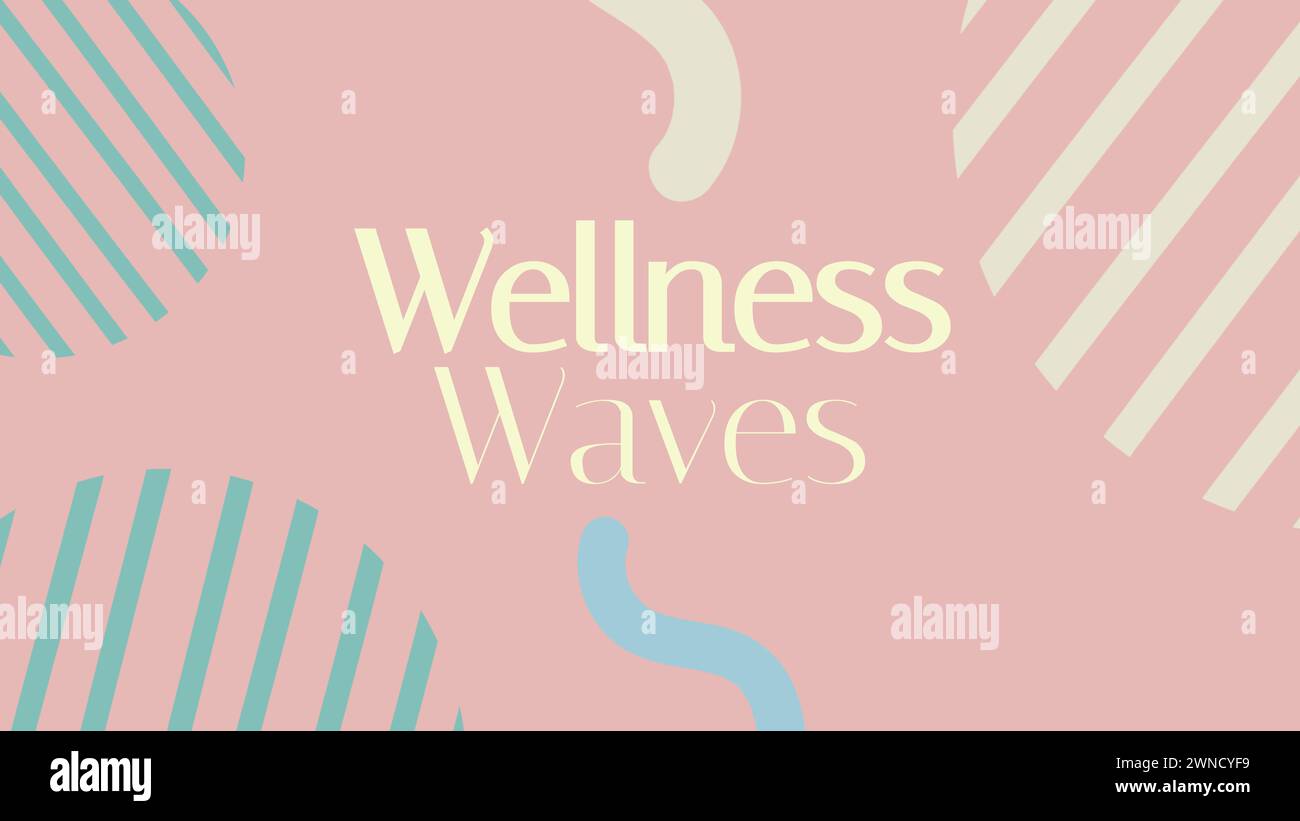 Wellness waves text in yellow with abstract white and blue lines on ...