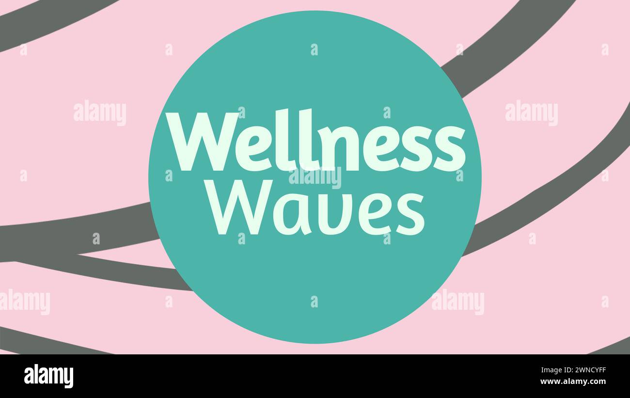 Wellness waves text in white on blue band circle over green curved ...