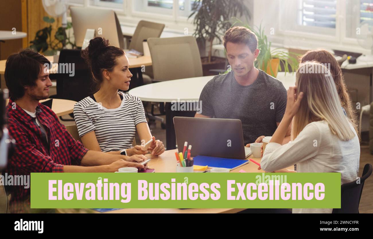 Composite of elevating business excellence text over diverse ...