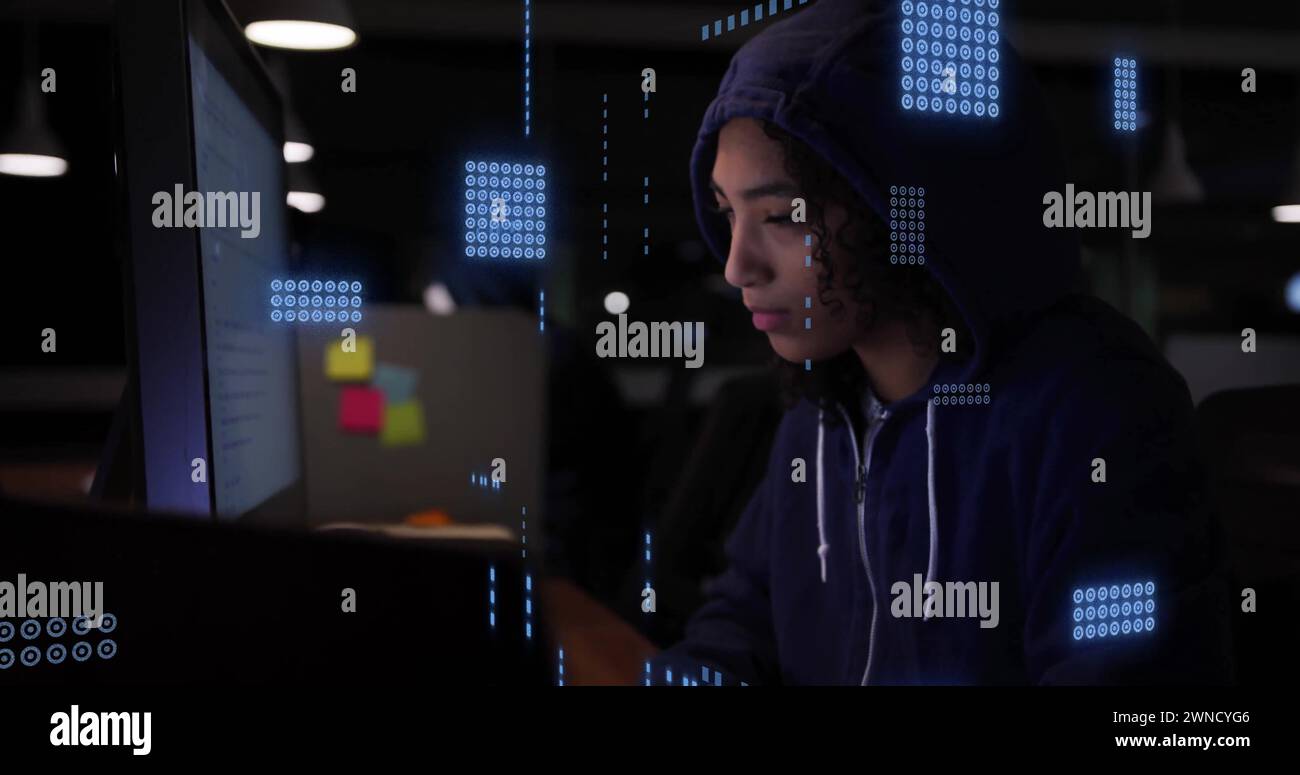 Image of data processing over female hacker using computer Stock Photo - Alamy