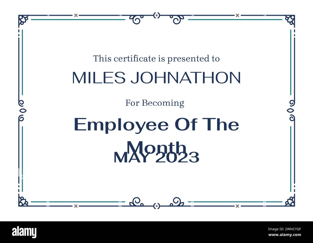 Employee of the month text with name and date on white with decorative ...