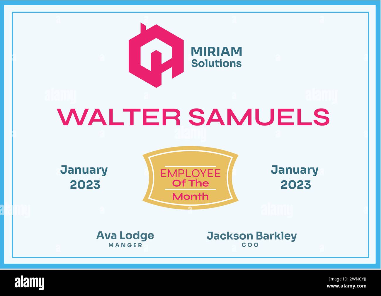 Miriam solutions employee of the month text with name, details and logo ...