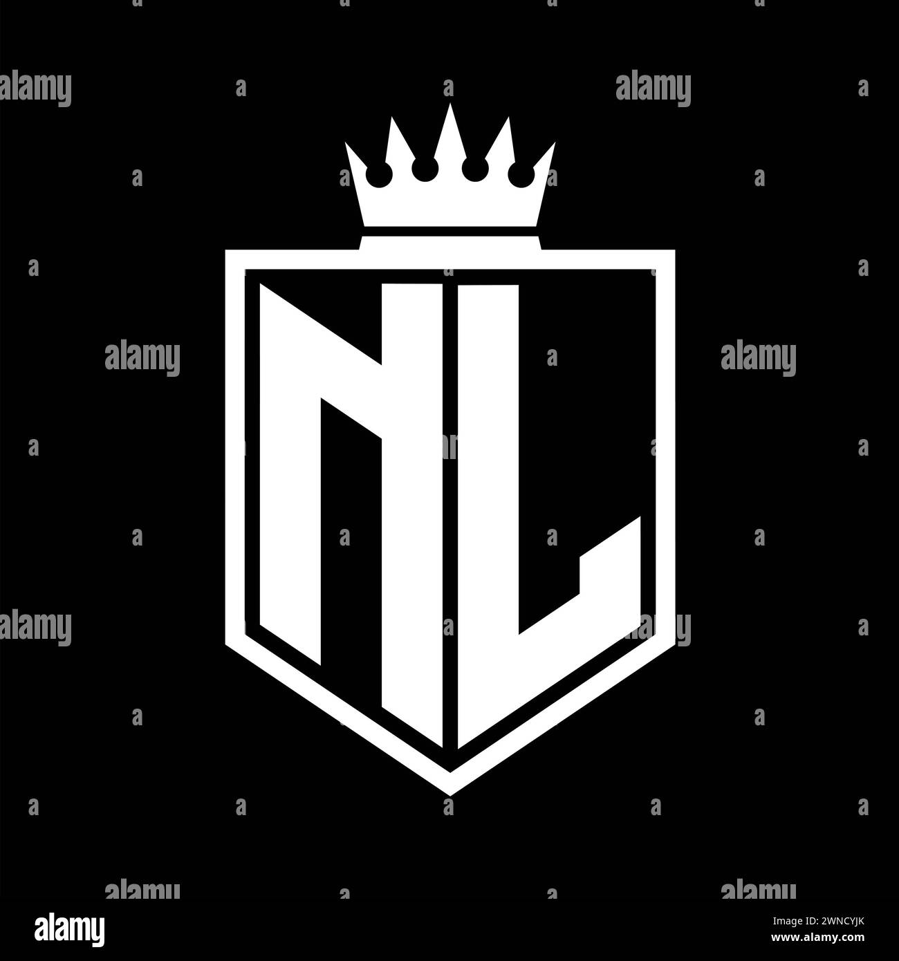 NL Letter Logo monogram bold shield geometric shape with crown outline ...