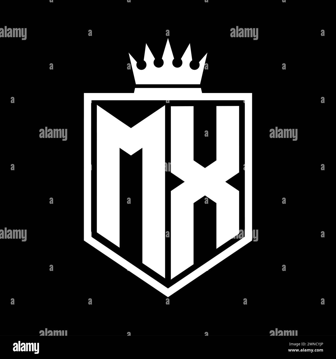 MX Letter Logo monogram bold shield geometric shape with crown outline black and white style ...