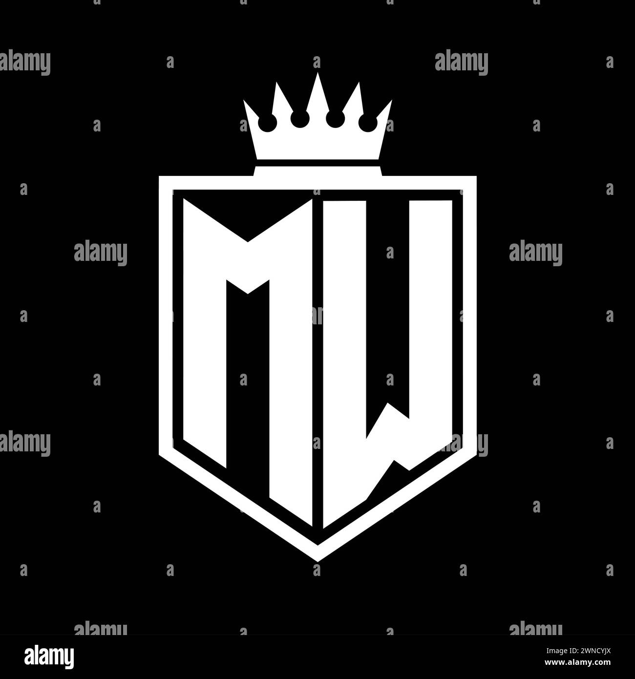 MW Letter Logo monogram bold shield geometric shape with crown outline ...