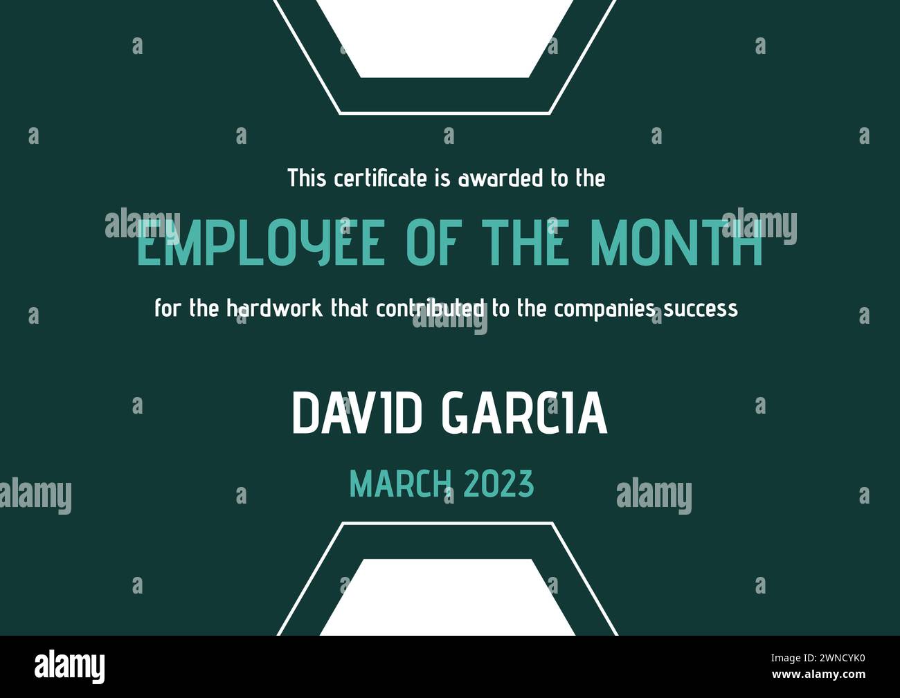 Employee of the month text with name and date in white and blue on dark ...