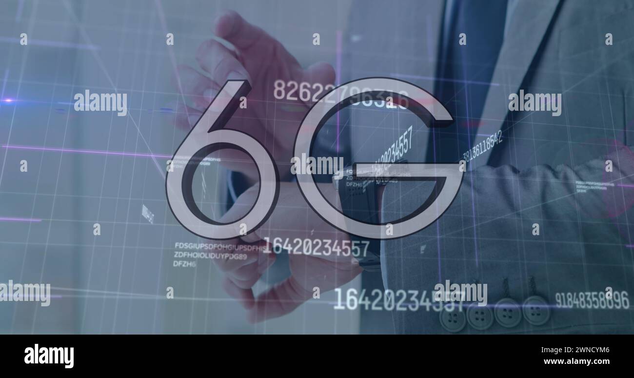 Image of 6g and numbers over caucasian businessman using smartwatch ...