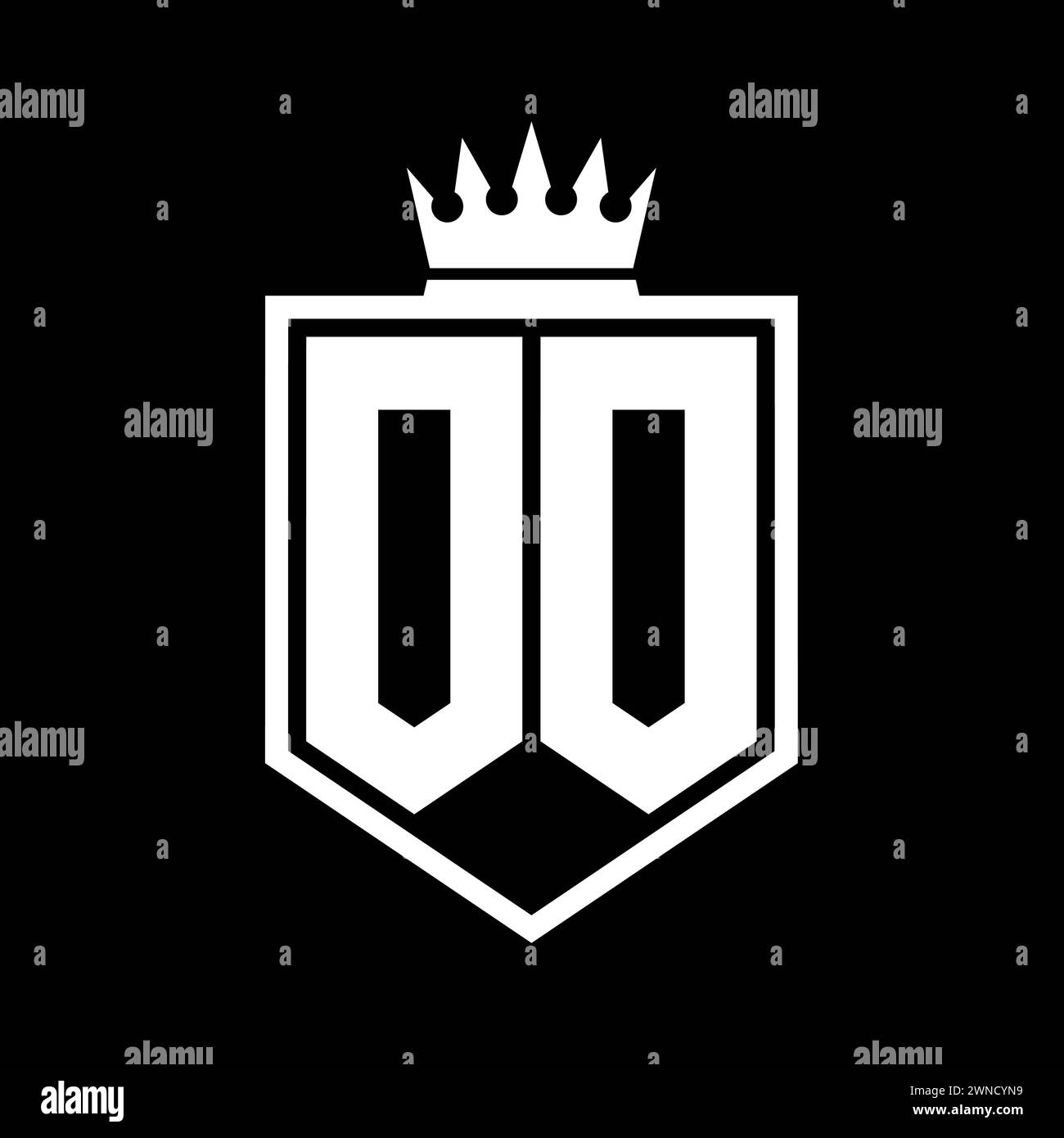 OO Letter Logo monogram bold shield geometric shape with crown outline black and white style ...