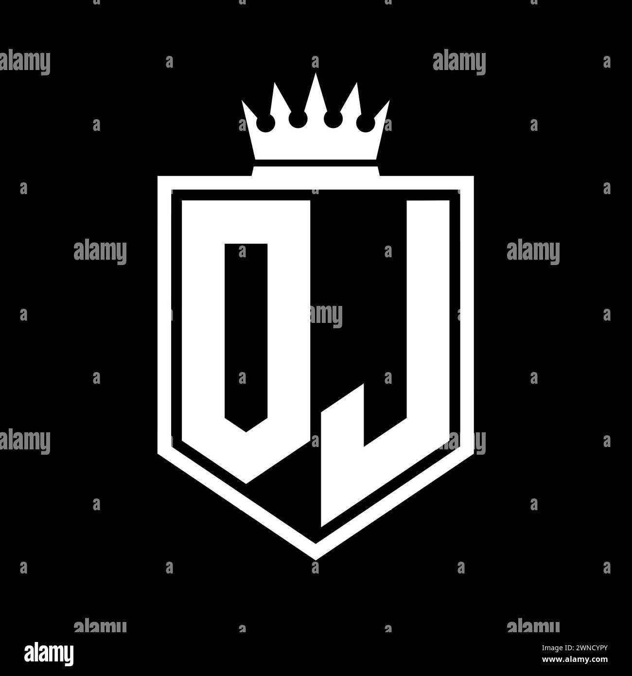 OJ Letter Logo monogram bold shield geometric shape with crown outline black and white style ...