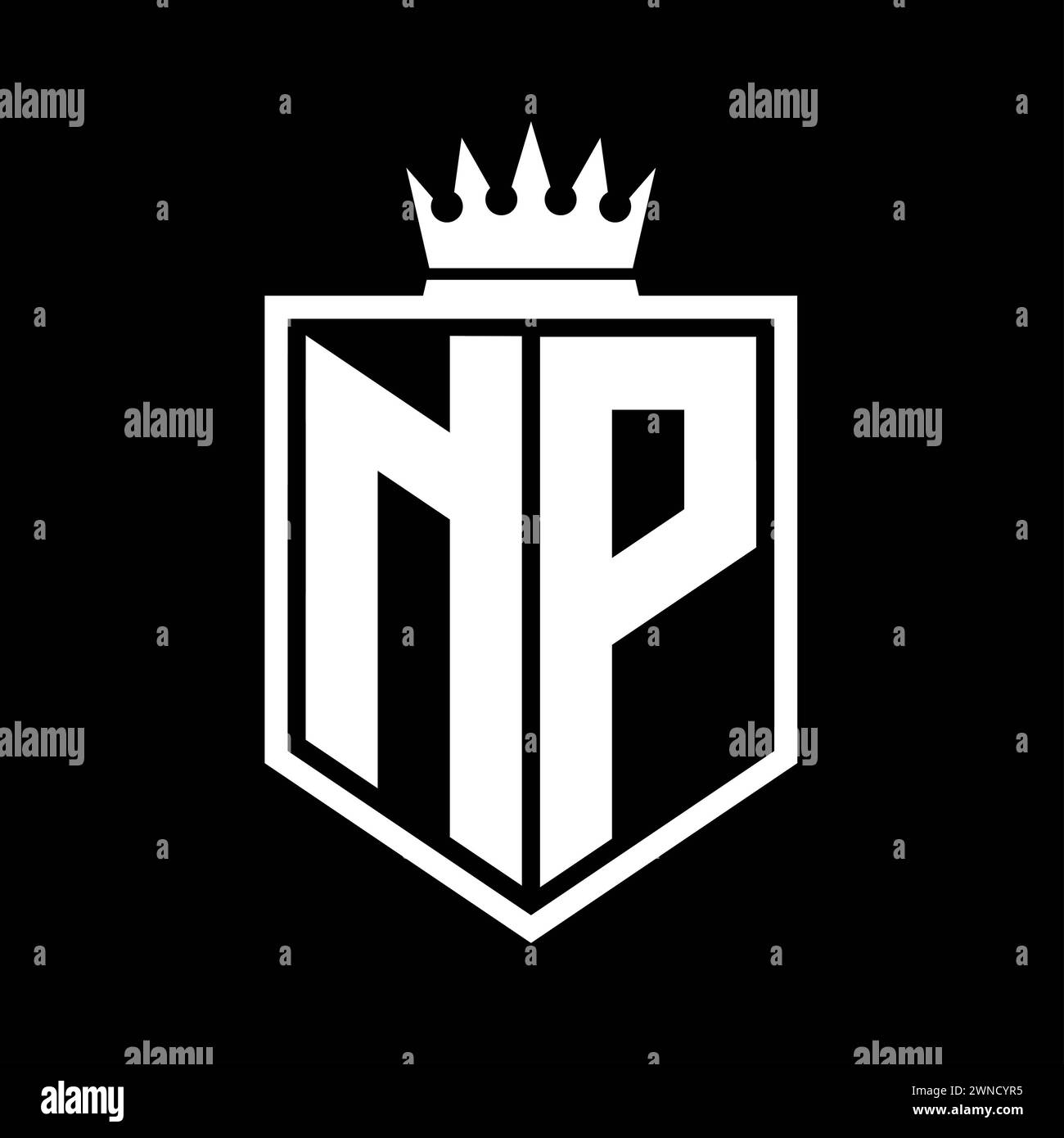 NP Letter Logo monogram bold shield geometric shape with crown outline ...