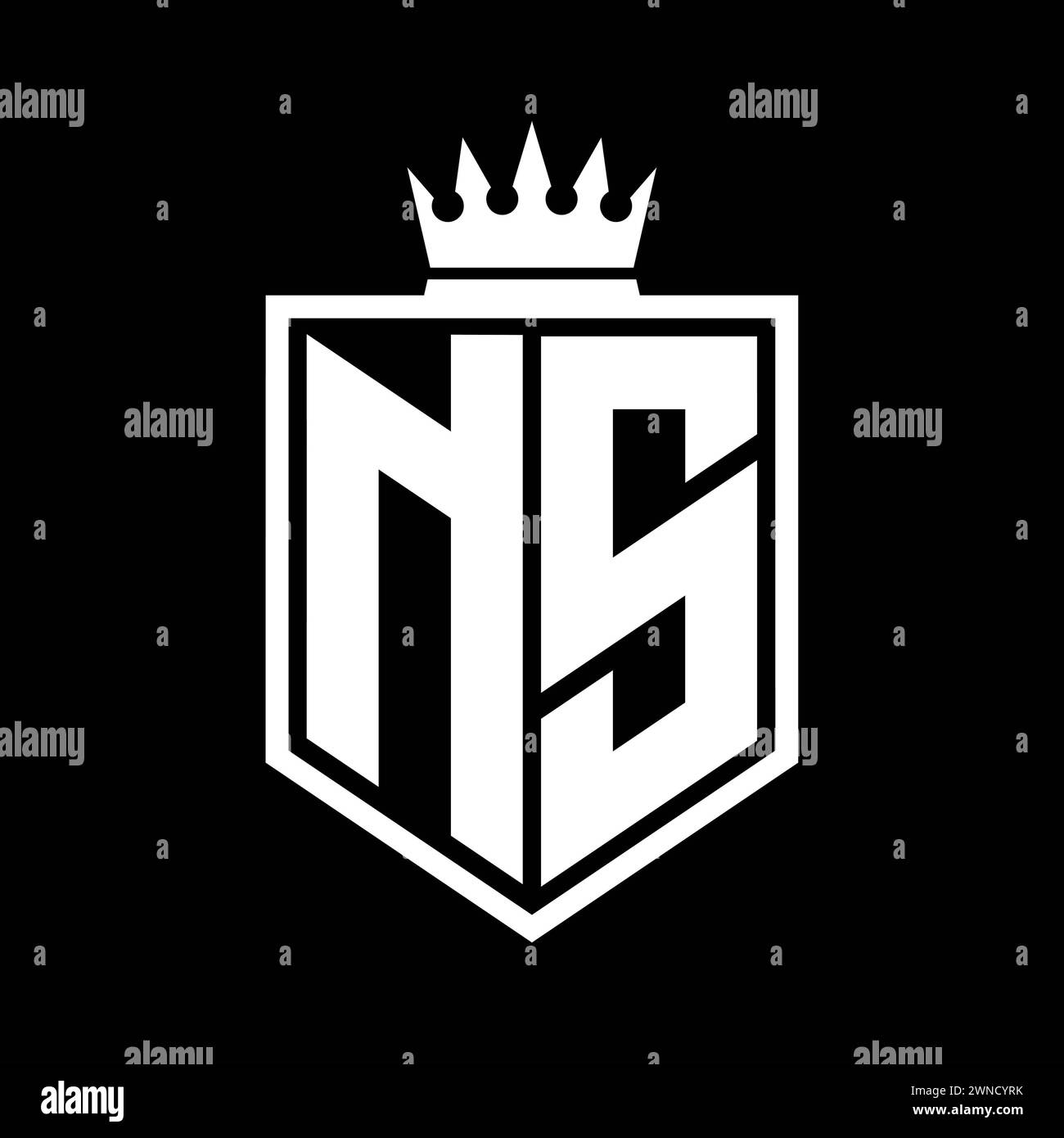 NS Letter Logo monogram bold shield geometric shape with crown outline ...