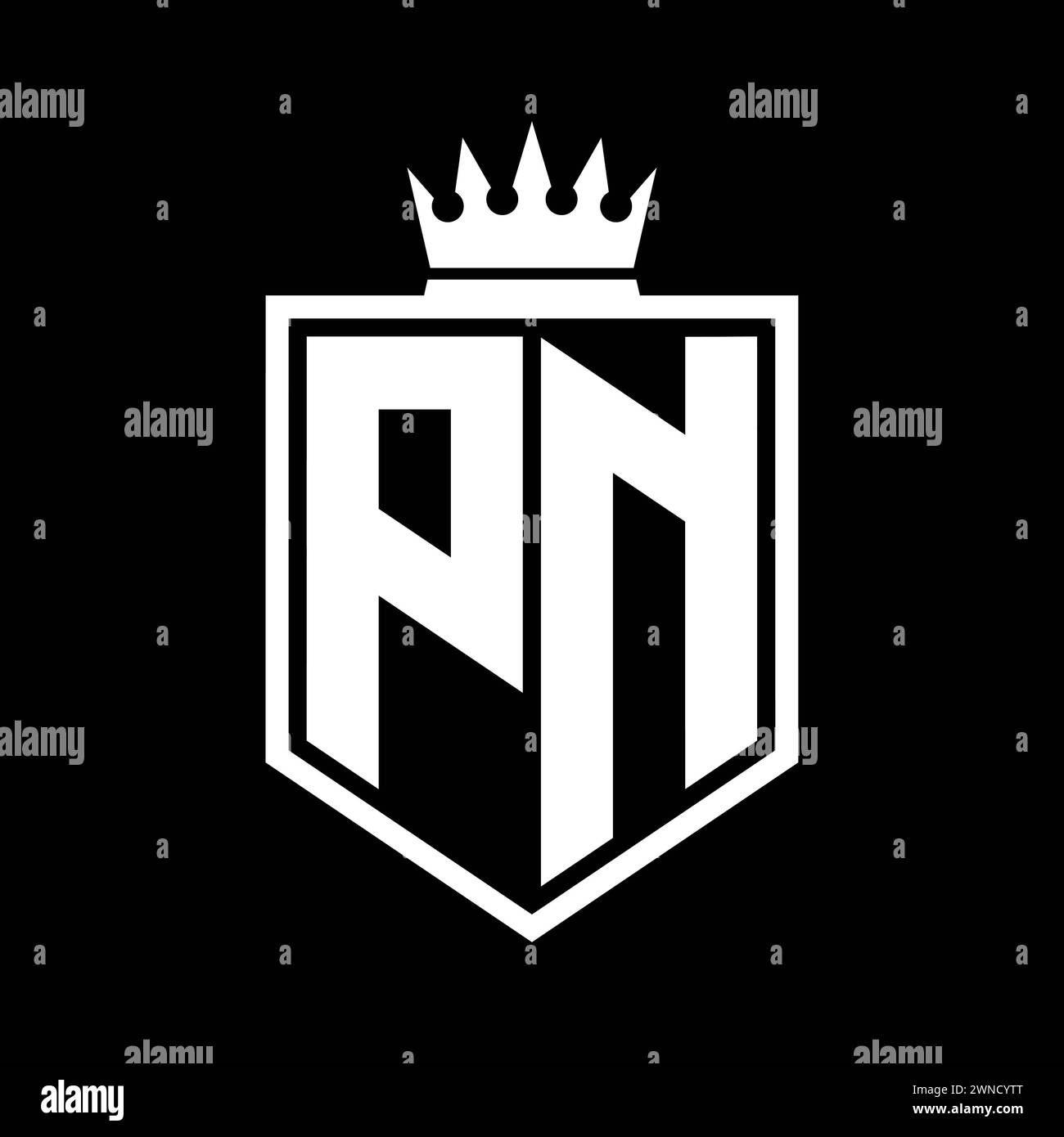 PN Letter Logo monogram bold shield geometric shape with crown outline ...