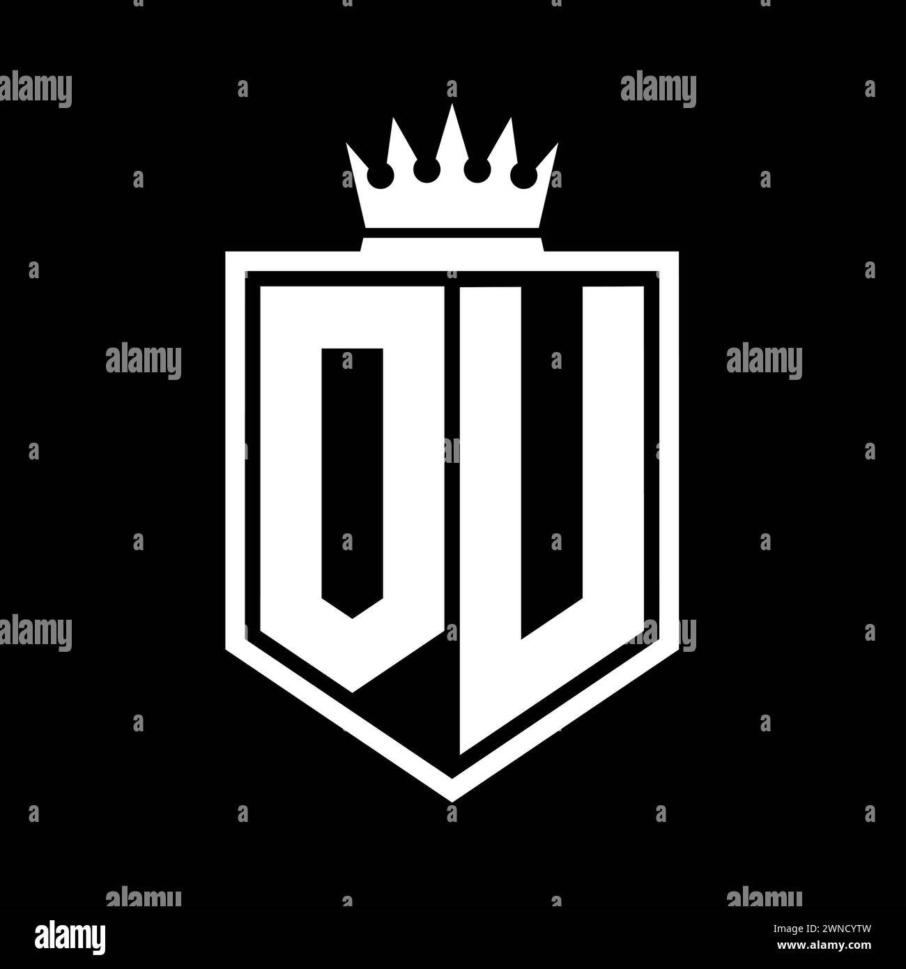OU Letter Logo monogram bold shield geometric shape with crown outline black and white style ...