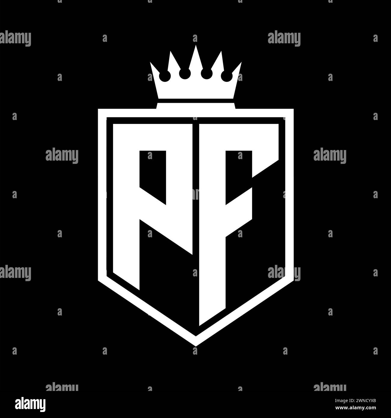 PF Letter Logo monogram bold shield geometric shape with crown outline black and white style ...