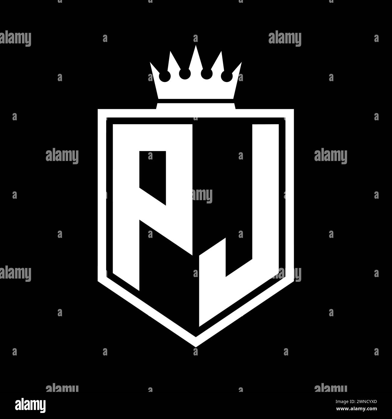 PJ Letter Logo monogram bold shield geometric shape with crown outline ...