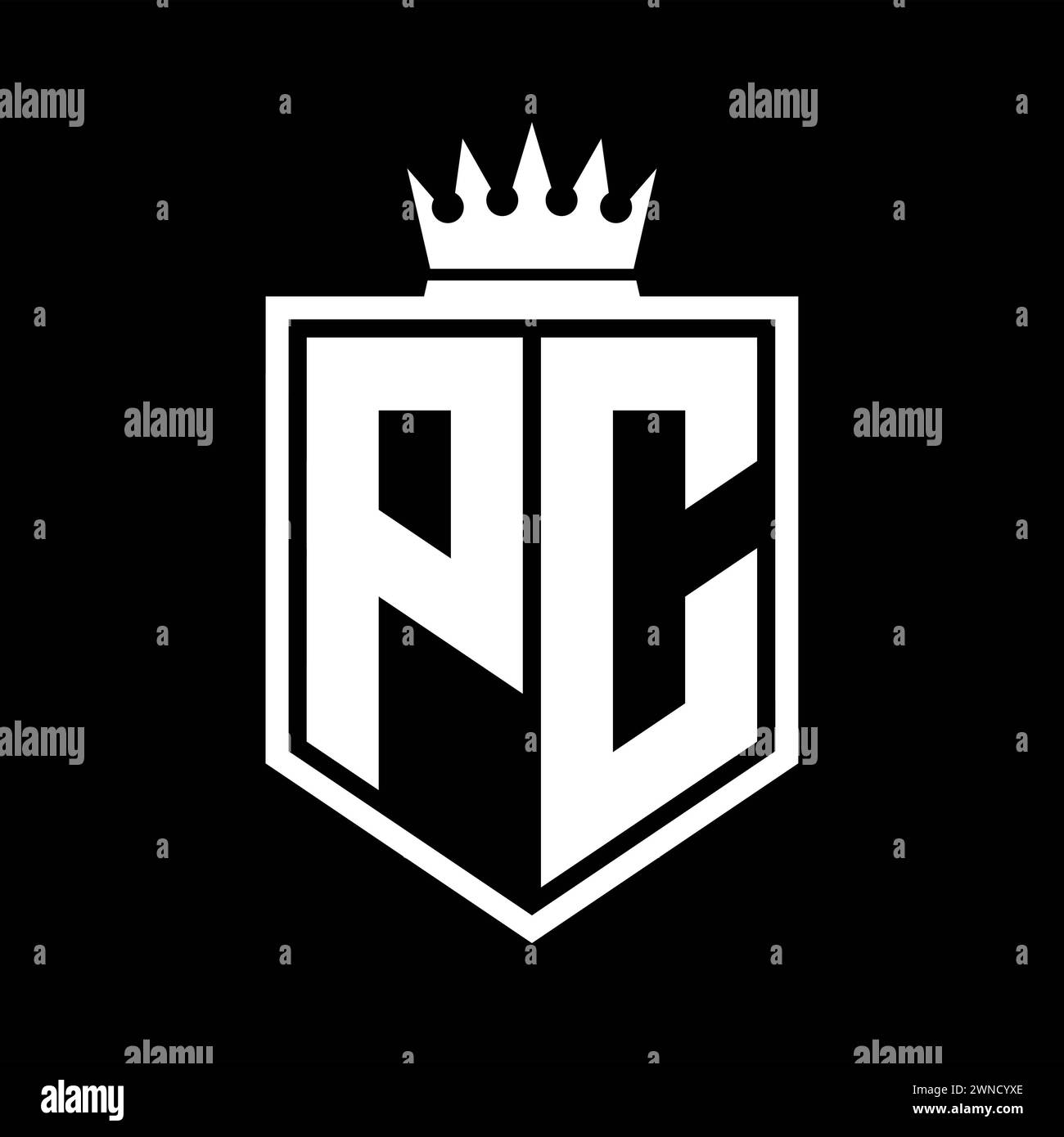 PC Letter Logo monogram bold shield geometric shape with crown outline black and white style ...
